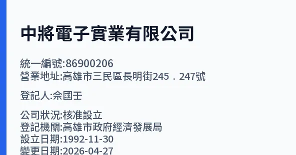 中將電子實業有限公司的照片-統編 86900206(高雄市) 公司登記資料與營業項目詳細圖表