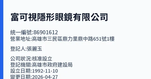 富可視隱形眼鏡有限公司的照片-統編 86901612(高雄市) 公司登記資料與營業項目詳細圖表