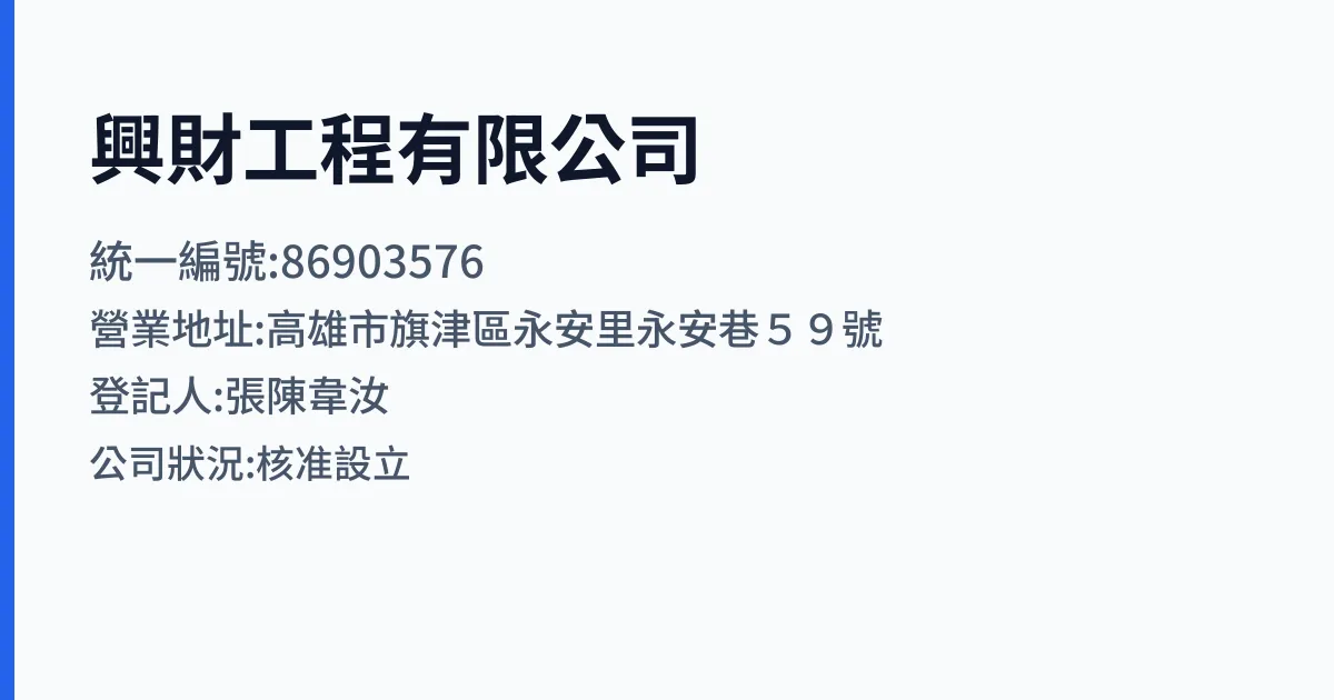 興財工程有限公司 - 統編 86903576(高雄市) 公司登記資料與營業項目詳細圖表
