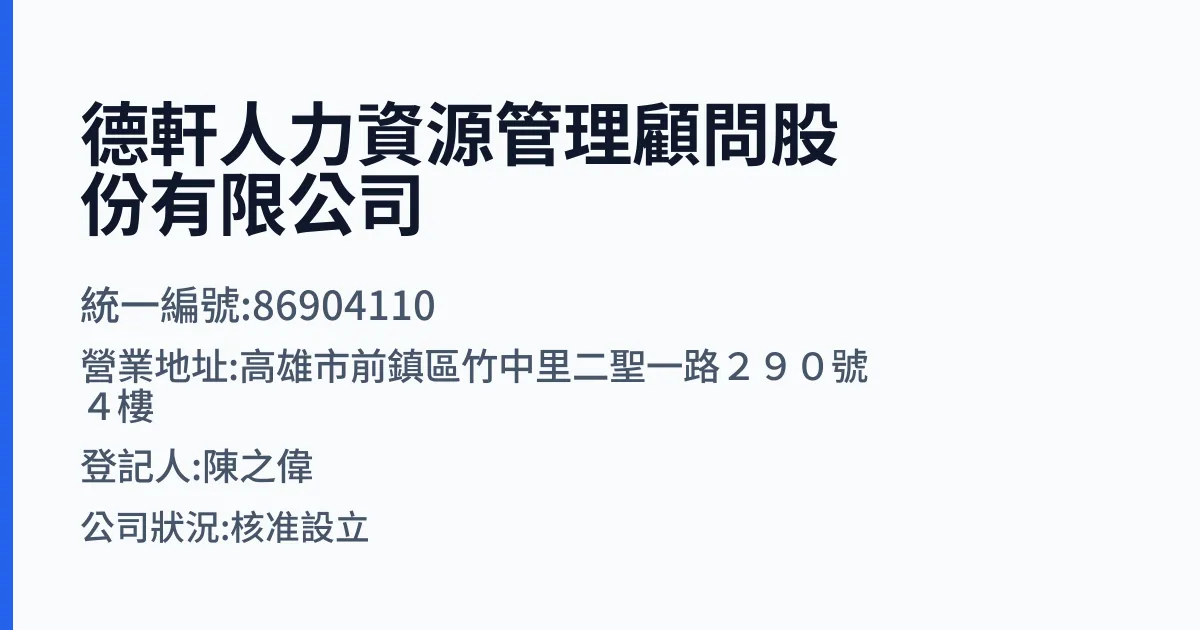 德軒人力資源管理顧問股份有限公司 - 統編 86904110(高雄市) 公司登記資料與營業項目詳細圖表