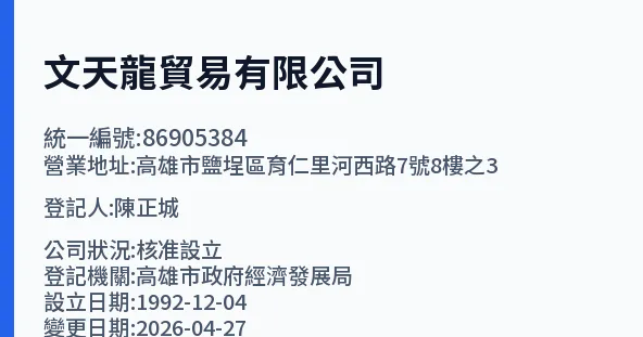 文天龍貿易有限公司的照片-統編 86905384(高雄市) 公司登記資料與營業項目詳細圖表