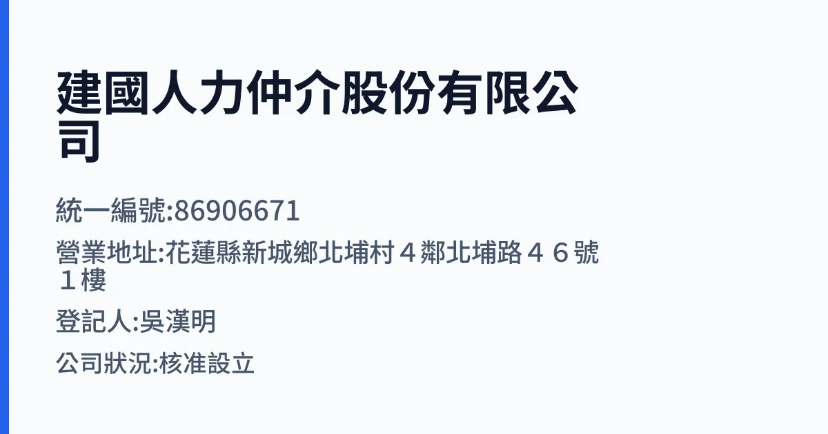 建國人力仲介股份有限公司 - 統編 86906671(花蓮縣) 公司登記資料與營業項目詳細圖表