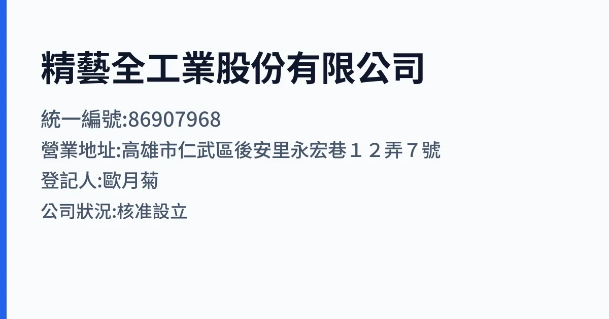 精藝全工業股份有限公司 - 統編 86907968(高雄市) 公司登記資料與營業項目詳細圖表