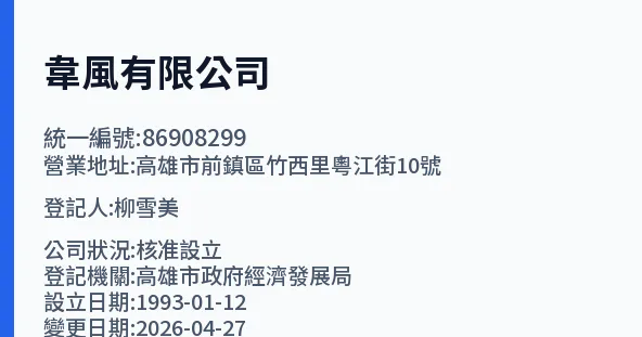 韋風有限公司的照片-統編 86908299(高雄市) 公司登記資料與營業項目詳細圖表