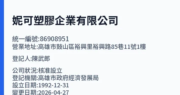 妮可塑膠企業有限公司的照片-統編 86908951(高雄市) 公司登記資料與營業項目詳細圖表