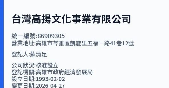 台灣高揚文化事業有限公司的照片-統編 86909305(高雄市) 公司登記資料與營業項目詳細圖表