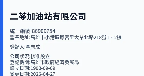 二苓加油站有限公司的照片-統編 86909754(高雄市) 公司登記資料與營業項目詳細圖表