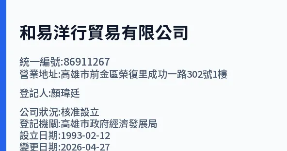 和易洋行貿易有限公司的照片-統編 86911267(高雄市) 公司登記資料與營業項目詳細圖表