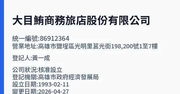 大目鮪商務旅店股份有限公司的照片-統編 86912364(高雄市) 公司登記資料與營業項目詳細圖表