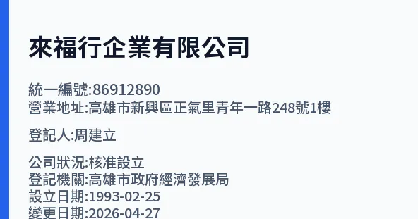 來福行企業有限公司的照片-統編 86912890(高雄市) 公司登記資料與營業項目詳細圖表