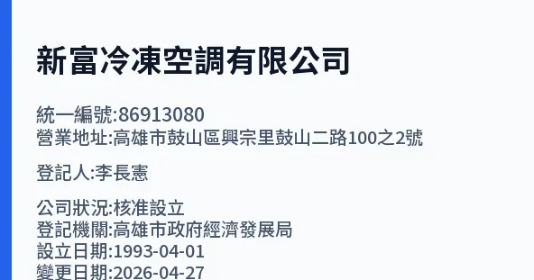 新富冷凍空調有限公司的照片-統編 86913080(高雄市) 公司登記資料與營業項目詳細圖表