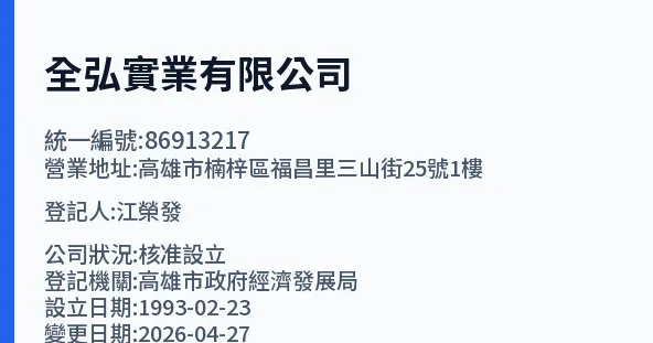 全弘實業有限公司的照片-統編 86913217(高雄市) 公司登記資料與營業項目詳細圖表