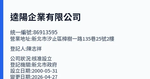 逵陽企業有限公司的照片-統編 86913595(新北市) 公司登記資料與營業項目詳細圖表