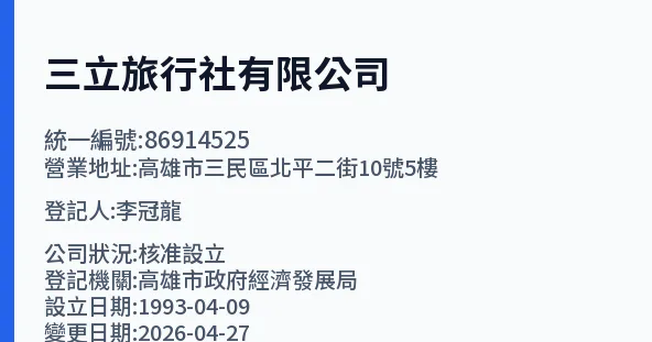 三立旅行社有限公司的照片-統編 86914525(高雄市) 公司登記資料與營業項目詳細圖表