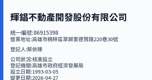輝錩不動產開發股份有限公司的照片-統編 86915398(高雄市) 公司登記資料與營業項目詳細圖表