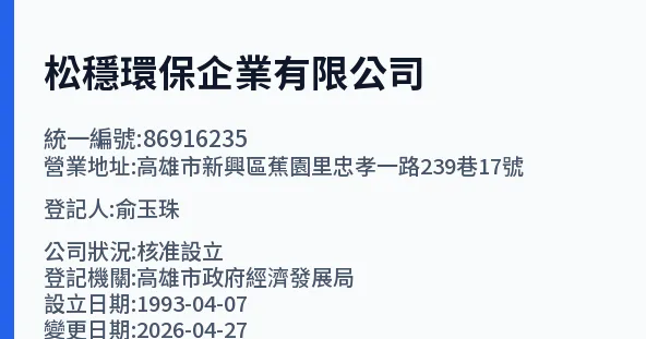 松穩環保企業有限公司的照片-統編 86916235(高雄市) 公司登記資料與營業項目詳細圖表