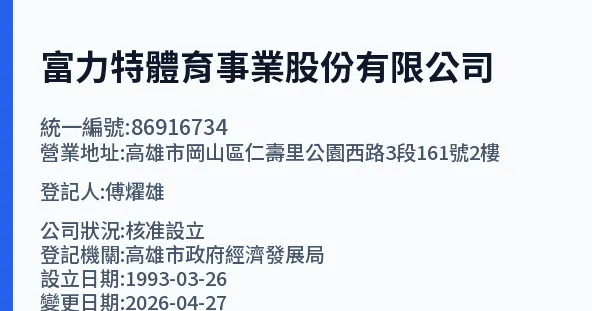 富力特體育事業股份有限公司的照片-統編 86916734(高雄市) 公司登記資料與營業項目詳細圖表