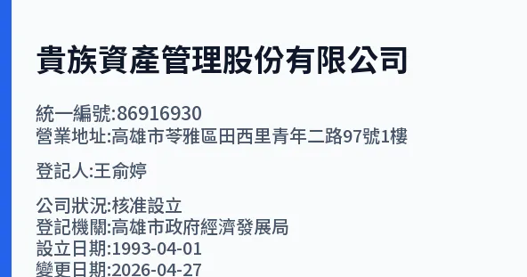貴族資產管理股份有限公司的照片-統編 86916930(高雄市) 公司登記資料與營業項目詳細圖表