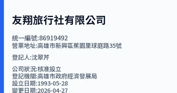 友翔旅行社有限公司的照片-統編 86919492(高雄市) 公司登記資料與營業項目詳細圖表