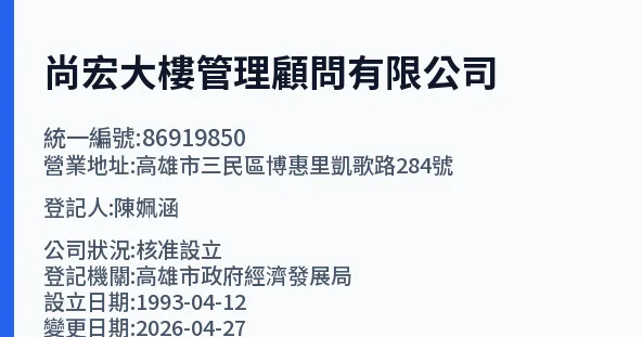 尚宏大樓管理顧問有限公司的照片-統編 86919850(高雄市) 公司登記資料與營業項目詳細圖表
