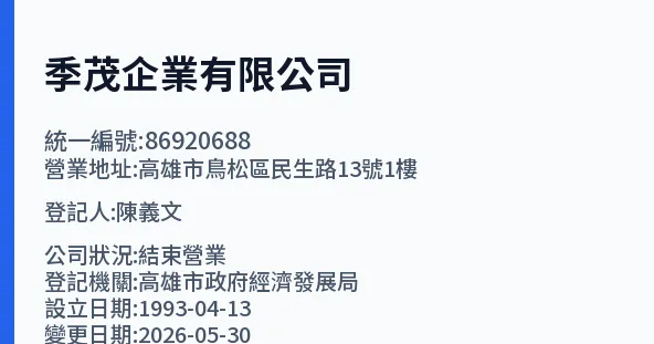 季茂企業有限公司的照片-統編 86920688(高雄市) 公司登記資料與營業項目詳細圖表
