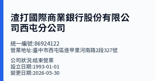 渣打國際商業銀行股份有限公司西屯分公司的照片-統編 86924122(臺中市) 公司登記資料與營業項目詳細圖表