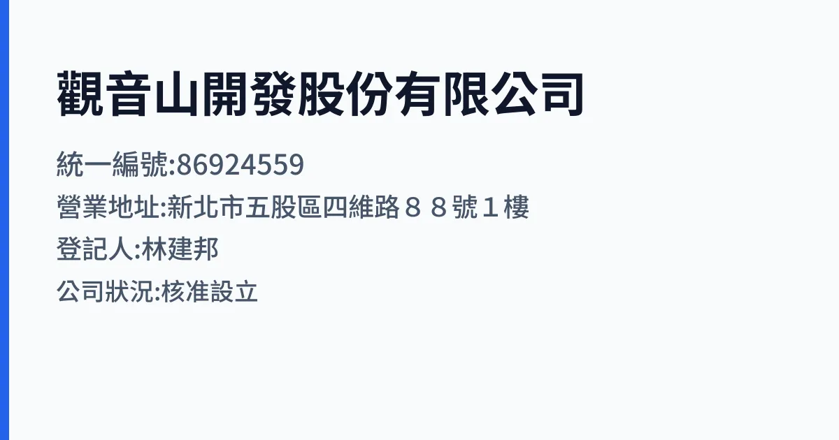 觀音山開發股份有限公司 - 統編 86924559(新北市) 公司登記資料與營業項目詳細圖表