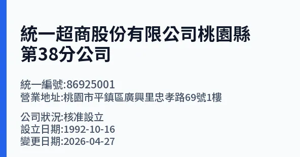 統一超商股份有限公司桃園縣第38分公司的照片-統編 86925001(桃園市) 公司登記資料與營業項目詳細圖表