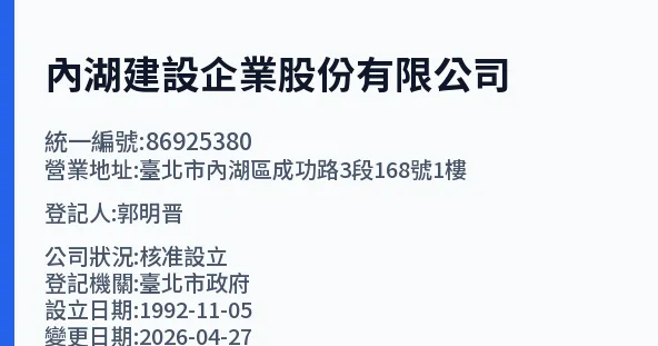 內湖建設企業股份有限公司的照片-統編 86925380(臺北市) 公司登記資料與營業項目詳細圖表