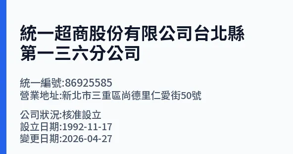 統一超商股份有限公司台北縣第一三六分公司的照片-統編 86925585(新北市) 公司登記資料與營業項目詳細圖表