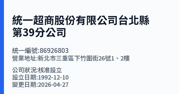 統一超商股份有限公司台北縣第39分公司的照片-統編 86926803(新北市) 公司登記資料與營業項目詳細圖表