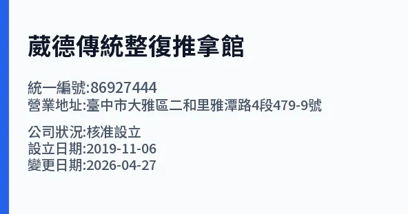葳德傳統整復推拿館的照片-統編 86927444(臺中市) 公司登記資料與營業項目詳細圖表