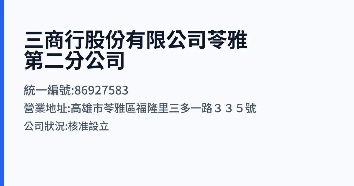 三商行股份有限公司苓雅第二分公司 - 統編 86927583（高雄市） 公司登記資料與營業項目詳細圖表