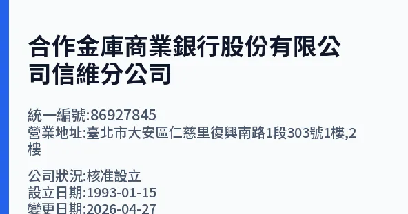 合作金庫商業銀行股份有限公司信維分公司的照片-統編 86927845(臺北市) 公司登記資料與營業項目詳細圖表