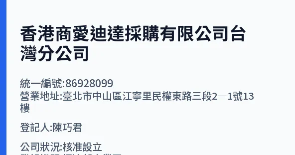 香港商愛迪達採購有限公司台灣分公司的照片-統編 86928099(臺北市) 公司登記資料與營業項目詳細圖表