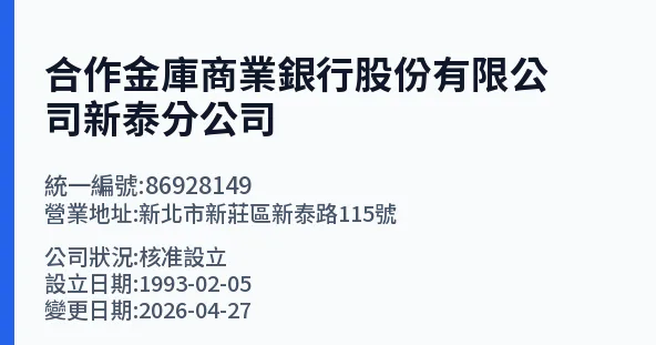 合作金庫商業銀行股份有限公司新泰分公司的照片-統編 86928149(新北市) 公司登記資料與營業項目詳細圖表