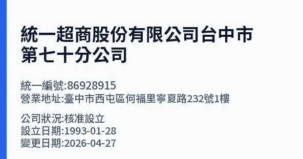 統一超商股份有限公司台中市第七十分公司的照片-統編 86928915(臺中市) 公司登記資料與營業項目詳細圖表