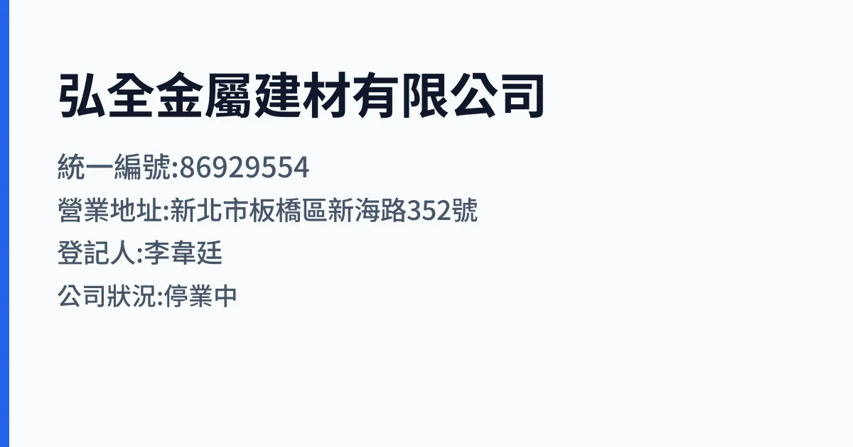 弘全金屬建材有限公司 - 統編 86929554(新北市) 公司登記資料與營業項目詳細圖表