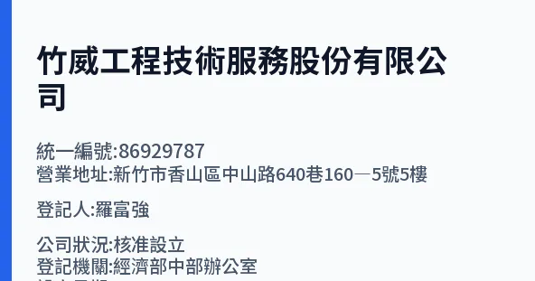 竹威工程技術服務股份有限公司的照片-統編 86929787(新竹市) 公司登記資料與營業項目詳細圖表