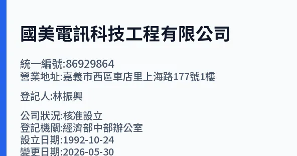 國美電訊科技工程有限公司的照片-統編 86929864(嘉義市) 公司登記資料與營業項目詳細圖表