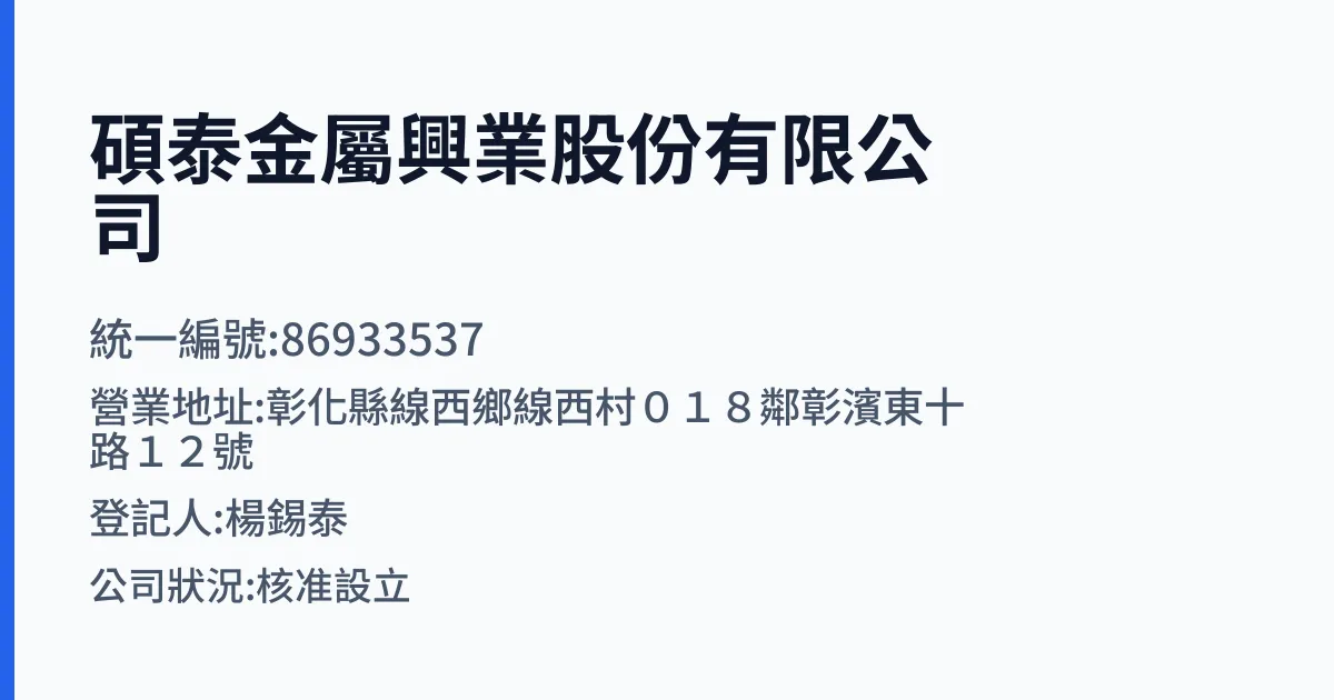 碩泰金屬興業股份有限公司 - 統編 86933537(彰化縣) 公司登記資料與營業項目詳細圖表