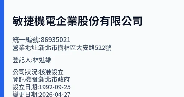 敏捷機電企業股份有限公司的照片-統編 86935021(新北市) 公司登記資料與營業項目詳細圖表