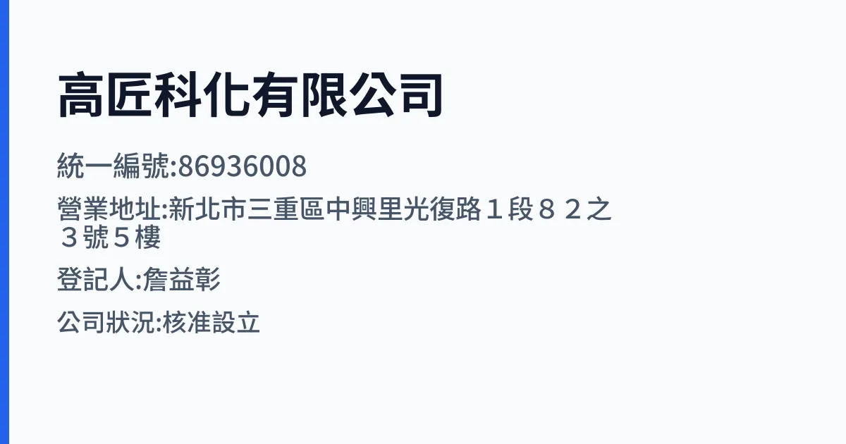 高匠科化有限公司 - 統編 86936008(新北市) 公司登記資料與營業項目詳細圖表