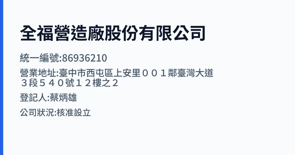 全福營造廠股份有限公司 - 統編 86936210(臺中市) 公司登記資料與營業項目詳細圖表
