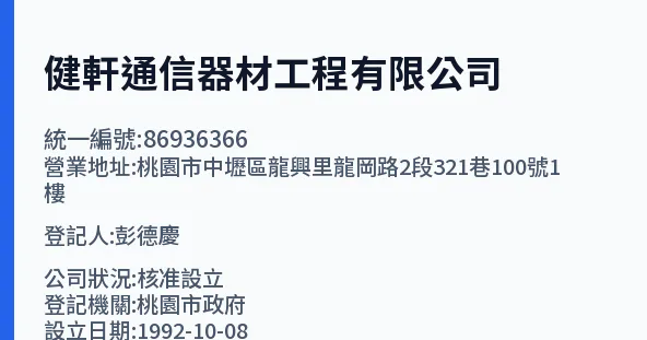 健軒通信器材工程有限公司的照片-統編 86936366(桃園市) 公司登記資料與營業項目詳細圖表
