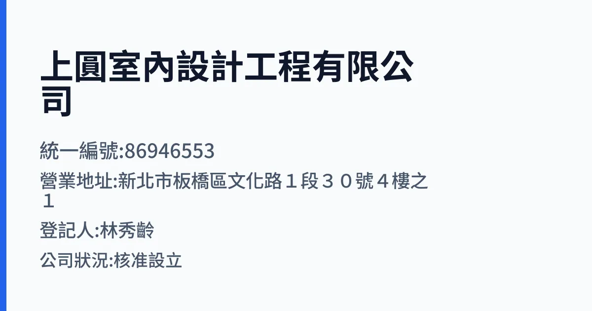 上圓室內設計工程有限公司 - 統編 86946553(新北市) 公司登記資料與營業項目詳細圖表