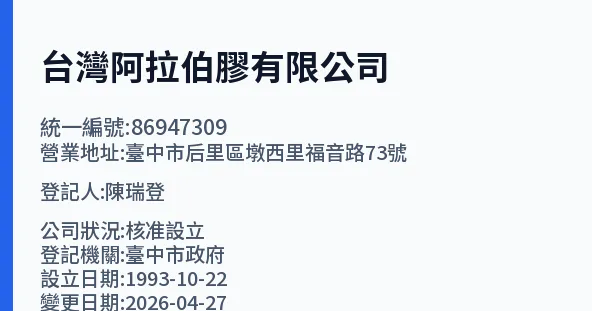 台灣阿拉伯膠有限公司的照片-統編 86947309(臺中市) 公司登記資料與營業項目詳細圖表