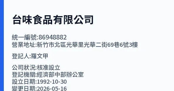 台味食品有限公司的照片-統編 86948882(新竹市) 公司登記資料與營業項目詳細圖表