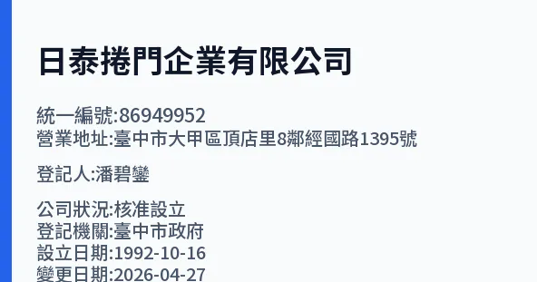 日泰捲門企業有限公司的照片-統編 86949952(臺中市) 公司登記資料與營業項目詳細圖表