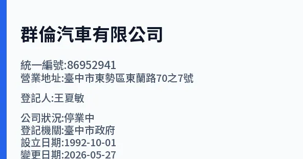 群倫汽車有限公司的照片-統編 86952941(臺中市) 公司登記資料與營業項目詳細圖表